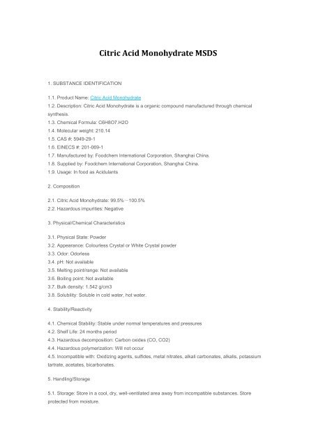 Citric Acid Monohydrate MSDS