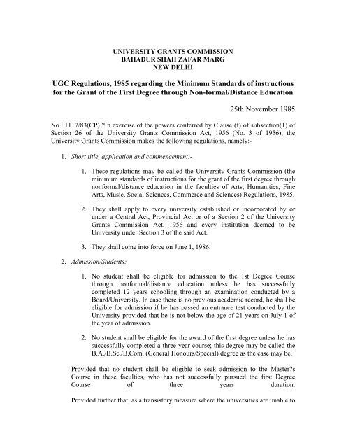 UGC Regulations, 1985 regarding the Minimum Standards of ...