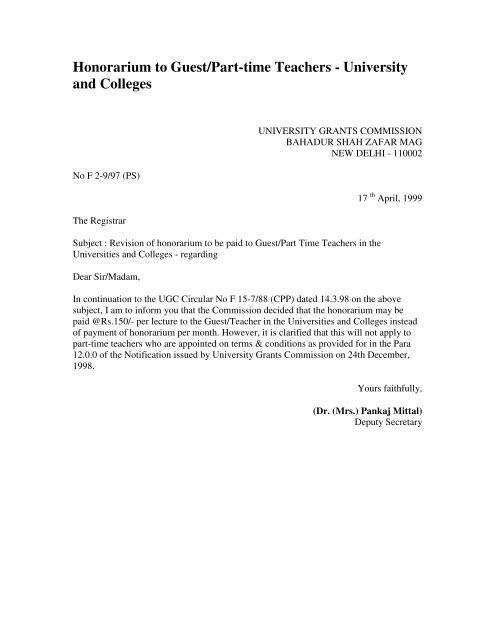 Honorarium to Guest/Part-time Teachers - University and ... - UGC