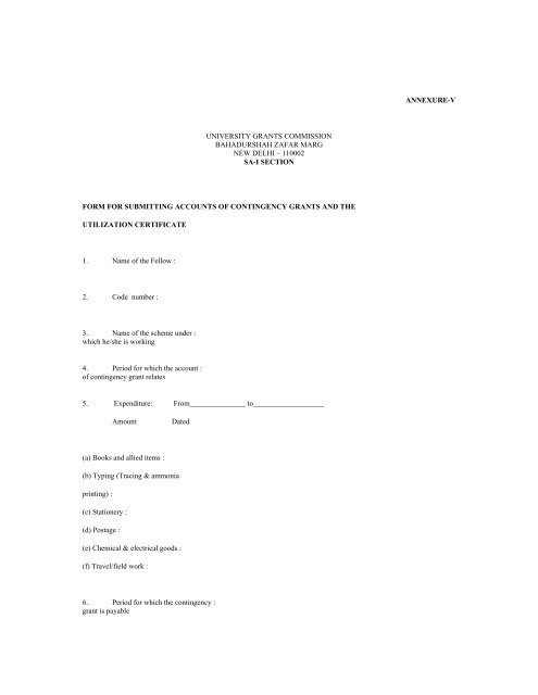 Annexure-V Form for Submitting Accounts of Contingency ... - UGC