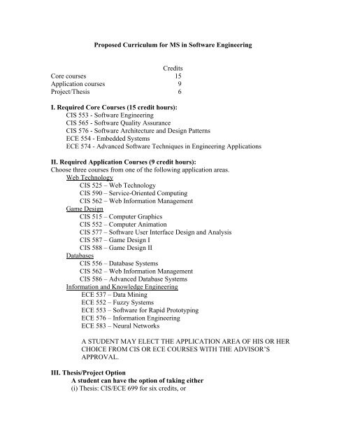 Proposed Curriculum for MS in Software Engineering