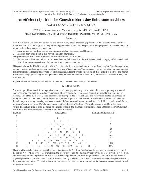 An Efficient Algorithm For Gaussian Blur Using Finite State Machines