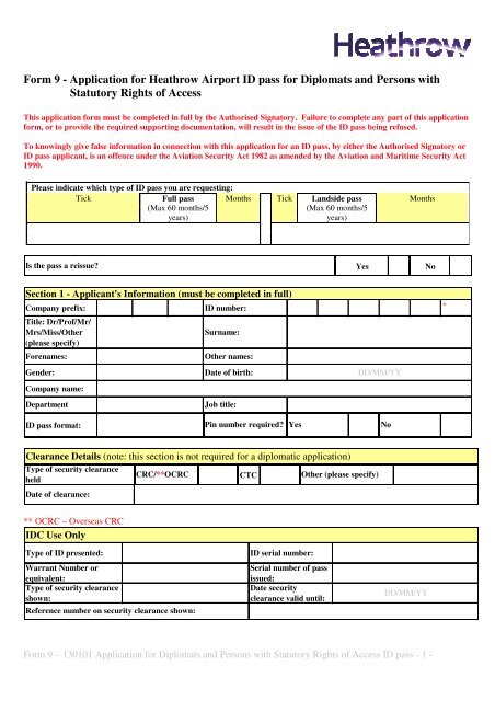 Form 9 - Application for Heathrow Airport ID pass for Diplomats and ...