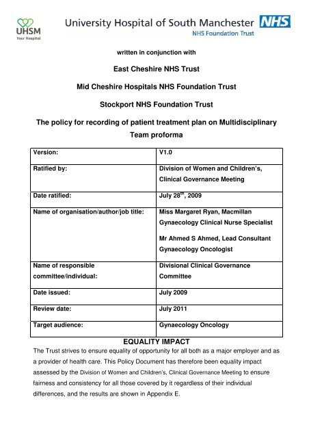 Recording Information on MDT proforma V1.00 - UHSM