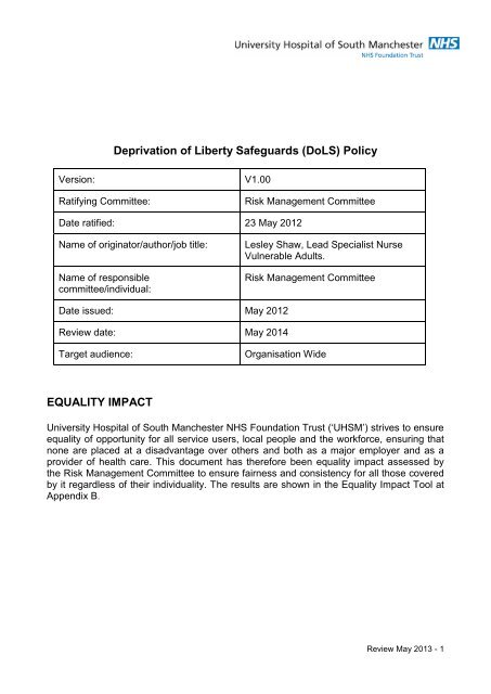 Deprivation of Liberty Safeguards (DoLS) Policy EQUALITY ... - UHSM