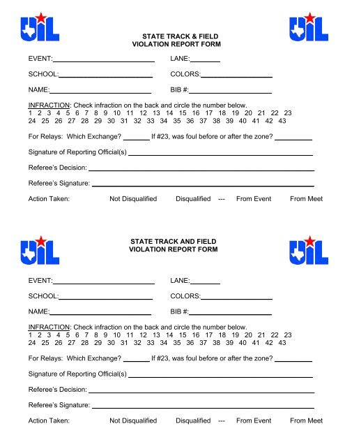 STATE TRACK & FIELD VIOLATION REPORT FORM EVENT: LANE ...