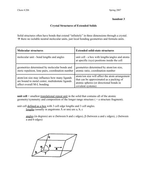 handout 3 Crystal Structures of Extended Solids Solid structures ...
