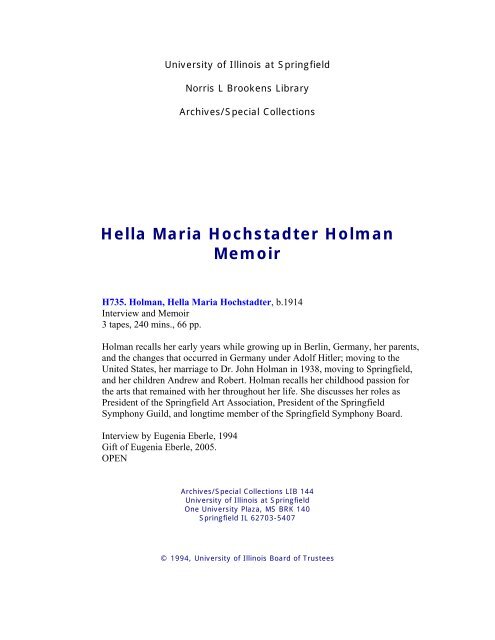 Hella Maria Hochstadter Holman Memoir - University of Illinois ...
