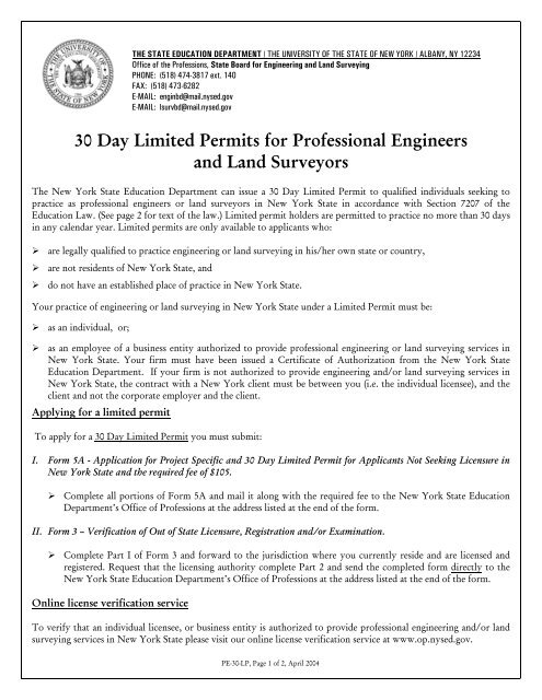 30 Day Limited Permits for Professional Engineers and Land ...