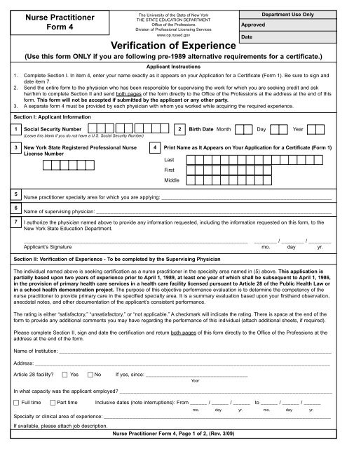 Nurse Practitioner Form 4 - Verification of Experience - Office of the ...