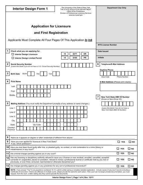 Interior Design Form 1 Application for Licensure and First Registration