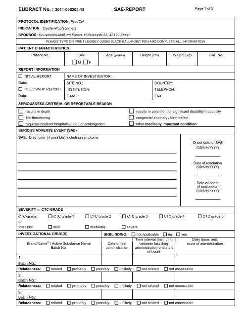 SERIOUS ADVERSE EVENT FORM Universit tsklinikum Essen SERIOUS ADVERSE EVENT FORM Universit tsklinikum Essen