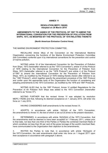 MEPC.190(60) Revised MARPOL Annex VI North American ECA