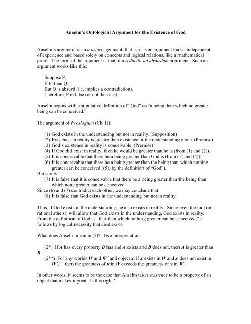 Anselm's Ontological Argument for the Existence of God