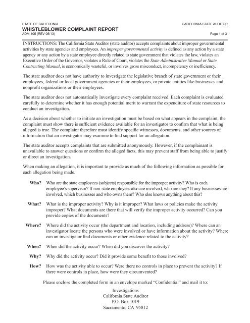 Whistleblower Complaint Form - State of California