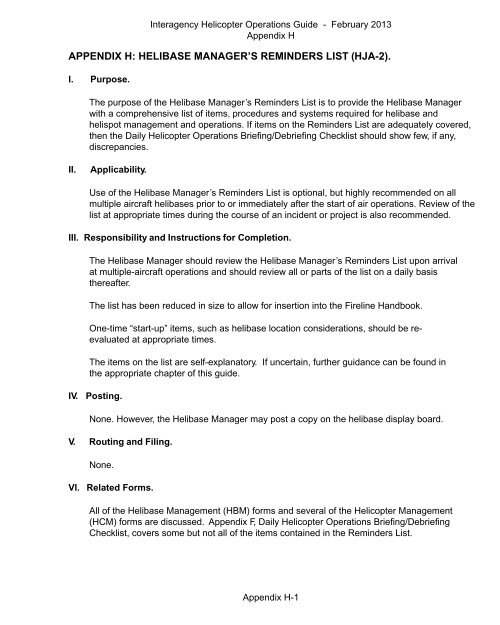 APPENDIX H: HELIBASE MANAGER'S REMINDERS LIST (HJA-2).