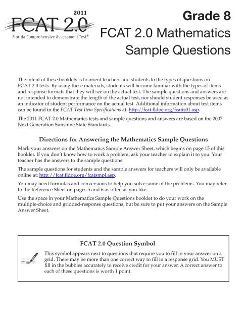 FCAT 2.0 2011 Grade 8 Mathematics Sample Questions
