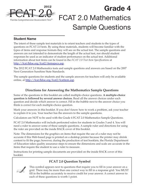 FCAT 2.0 2012 Grade 4 Mathematics Sample Questions