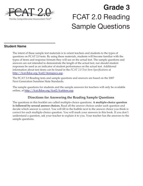 FCAT 2.0 Grade 3 Reading Sample Questions - Bureau of K-12 ...