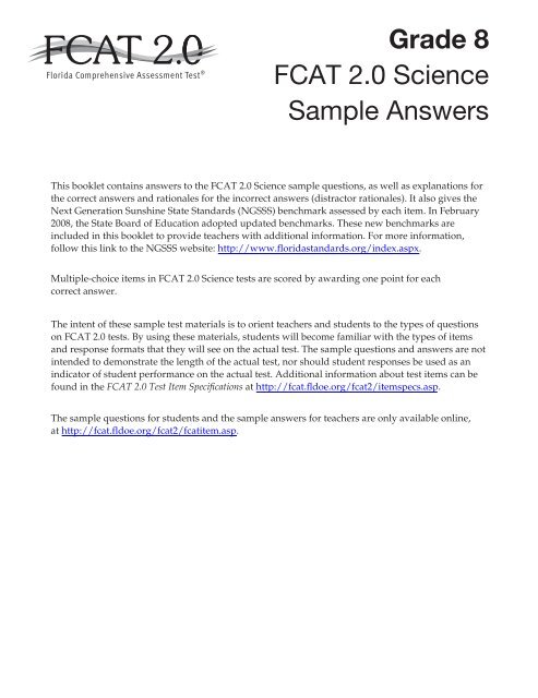FCAT 2.0 2013 Grade 8 Science Sample Answers - Bureau of K-12 ...
