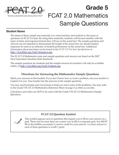 FCAT 2.0 Grade 5 Mathematics Sample Questions - Bureau of K-12 ...