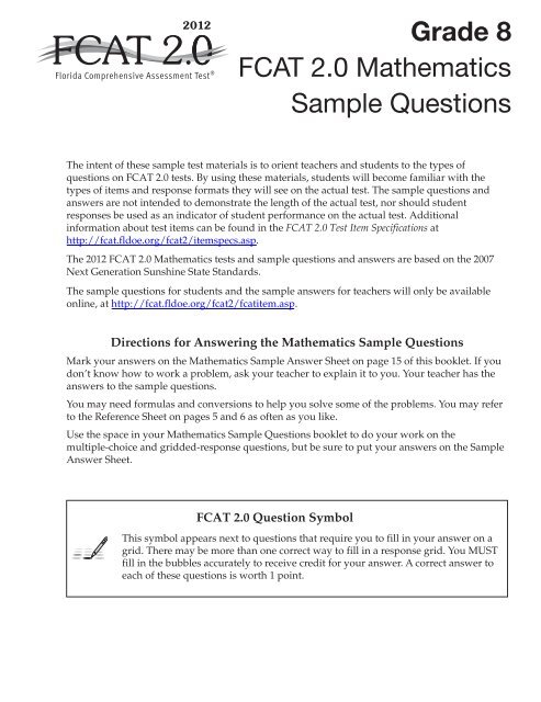FCAT 2.0 2012 Grade 8 Mathematics Sample Questions