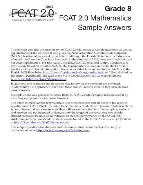 FCAT 2.0 2012 Grade 8 Mathematics Sample Answers