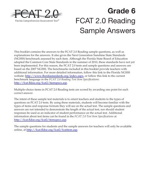 FCAT 2.0 Grade 6 Reading Sample Answers - Bureau of K-12 ...