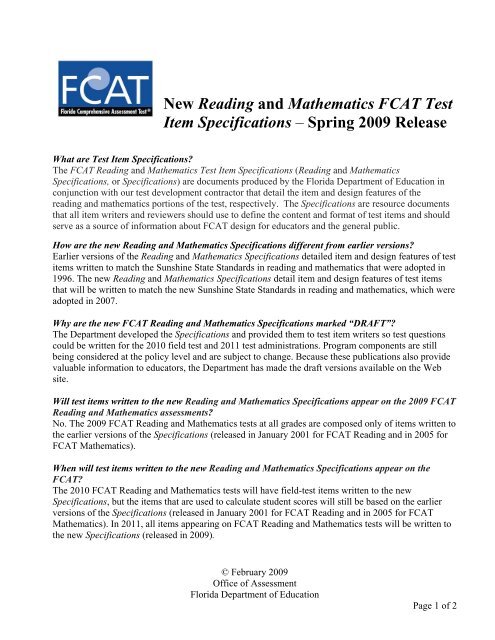 New Reading and Mathematics FCAT Test Item Specifications
