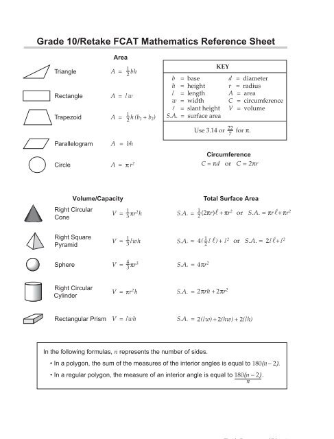 Grade 10/Retake FCAT 2.0 Mathematics Reference Sheet - Florida ...