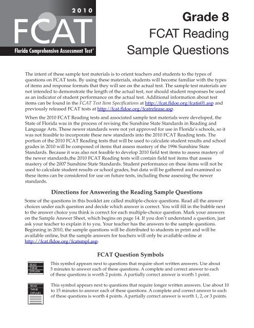 Grade 8 FCAT Reading Sample Questions 2010 - Bureau of K-12 ...