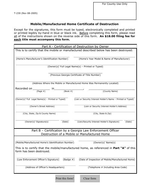 Mobile/Manufactured Home Certificate of Permanent Location