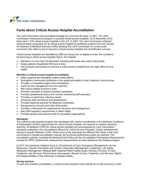 Facts about Critical Access Hospital Accreditation - Joint Commission