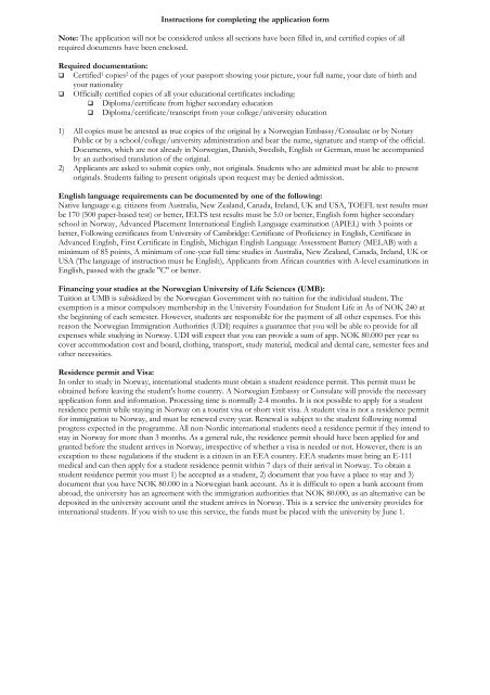 Instructions for completing the application form - UMB