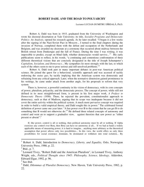 ROBERT DAHL AND THE ROAD TO POLYARCHY 1 Robert A. Dahl ...