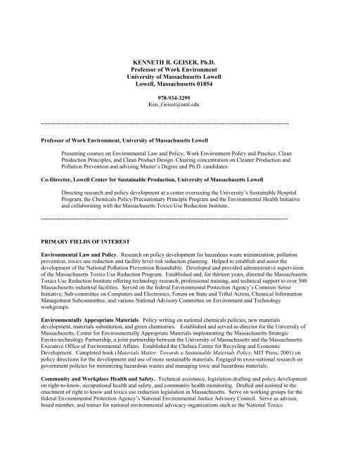 KENNETH R. GEISER, Ph.D. Professor of Work Environment ...