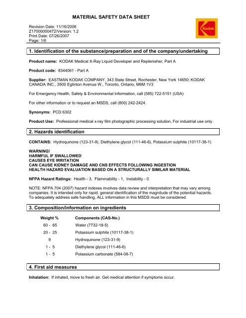 MATERIAL SAFETY DATA SHEET 1. Identification of ... - Merry X-Ray
