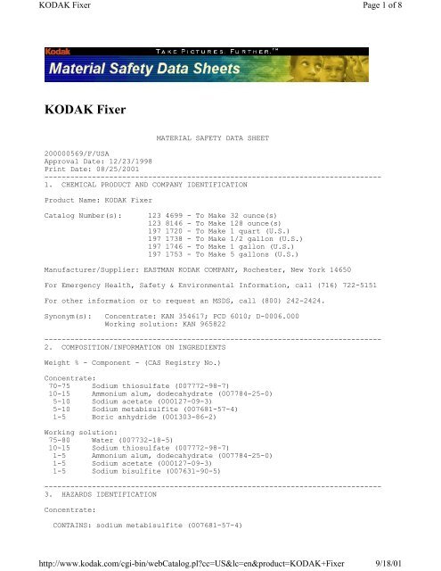 MSDS Kodak Fixer