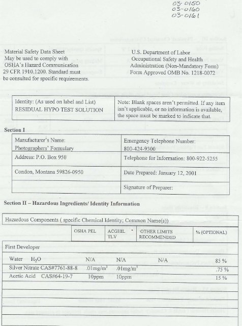 MSDS Fixer Retention Test Chemical Solution