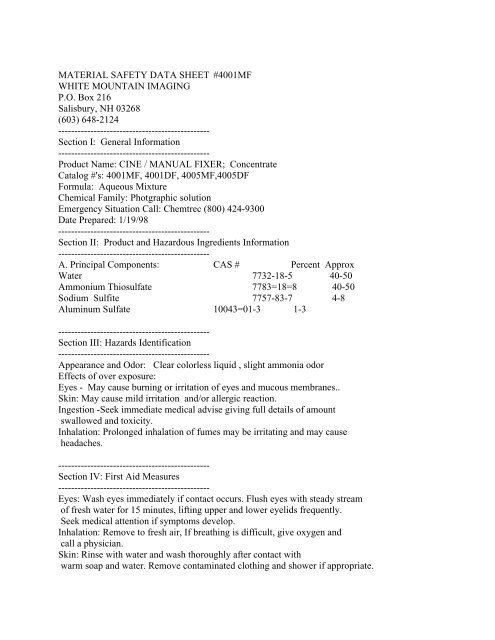 MSDS CINE/MANUAL FIXER; Concentrate