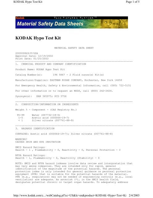 MSDS Kodak Hypo Test Kit