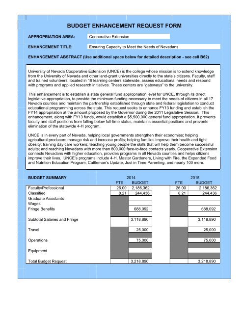 budget enhancement request form - University of Nevada ...