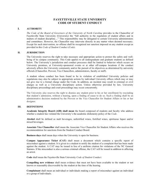 FAYETTEVILLE STATE UNIVERSITY CODE OF STUDENT CONDUCT