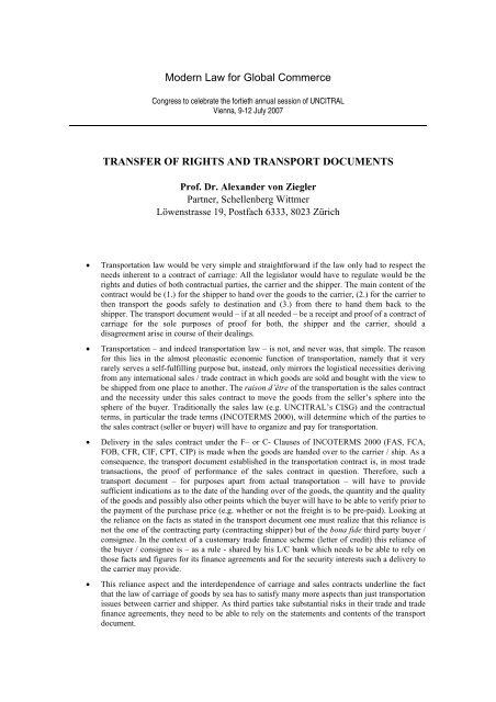 Transfer of rights and transport documents - UNCITRAL