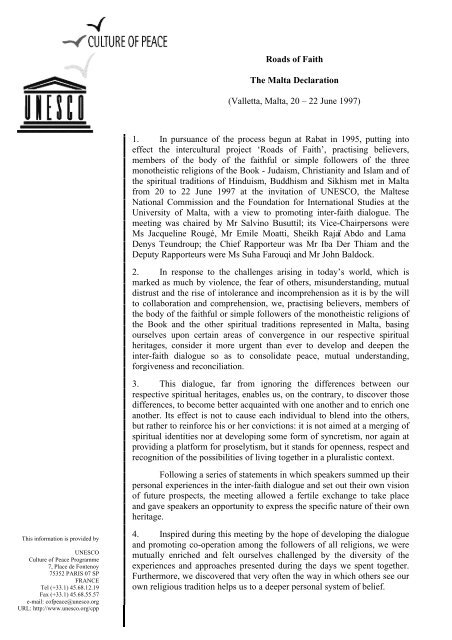 The Malta Declaration, Roads of Faith - Unesco