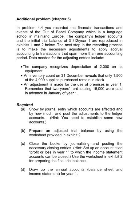 Additional problem (chapter 5) In problem 4.4 you recorded the ...