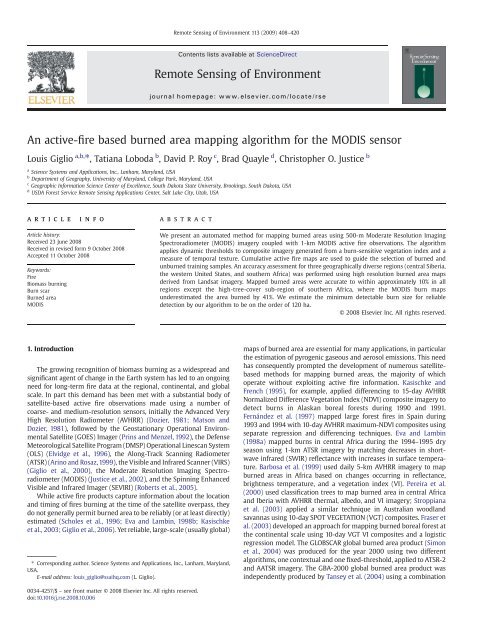 An active-fire based burned area mapping algorithm for the MODIS ...