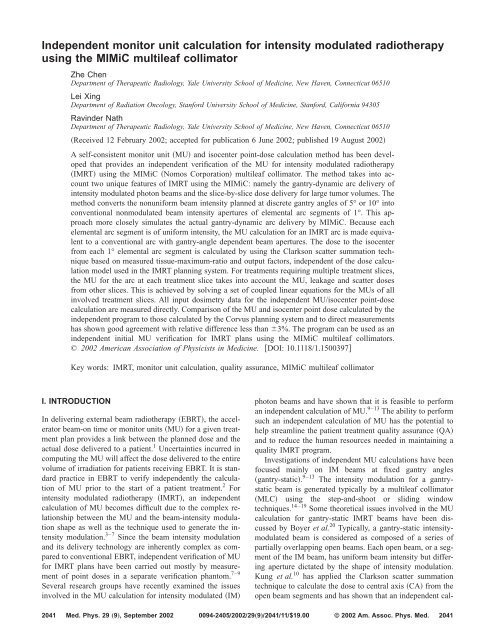 Independent monitor unit calculation for intensity modulated ...