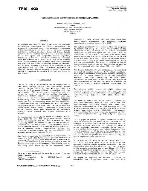 1988 Kelly - Unified approach to adaptive control of robotic ... 1988 Kelly - Unified approach to adaptive control of robotic ...