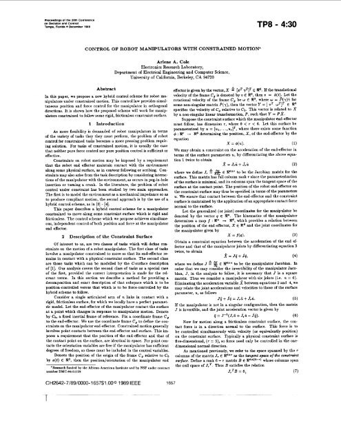 1989 Cole - Control of robot manipulators with constrained motion.pdf